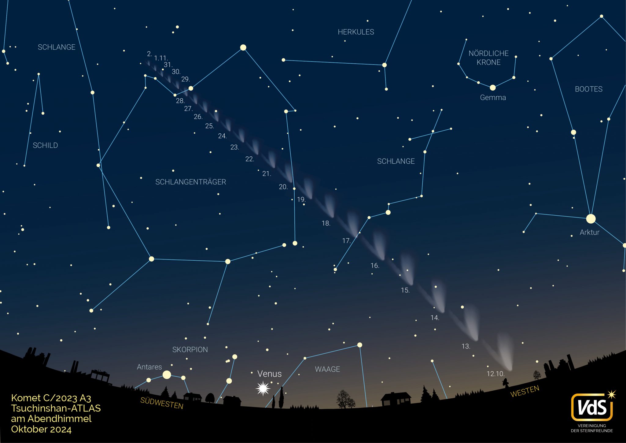 Schweif-Komet noch bis Ende Oktober am Westhimmel sichtbar